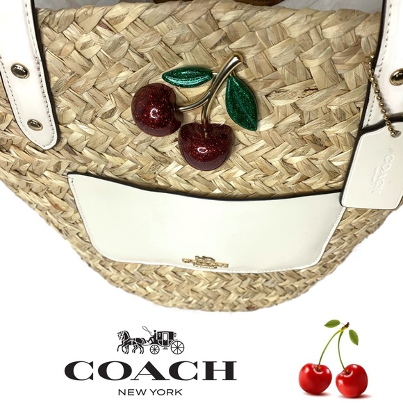 Coach | Bags | Coach Straw Cherry Straw White Leather Bag Tote | Poshmark